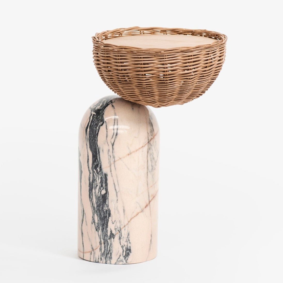 CELESTE SIDE TABLE | MARBLE BASE +WICKER BASKET– Green Design Gallery